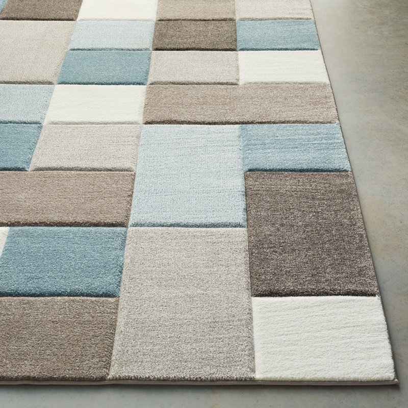 Wrought Studio Mott Street Modern Geometric Carved Teal/Brown Area Rug ...