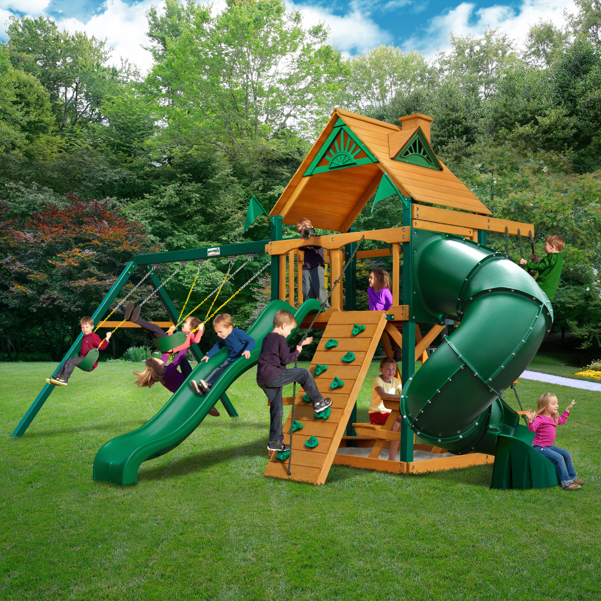 Gorilla Playsets Mountaineer Swing Set with Wood Roof Canopy & Reviews ...